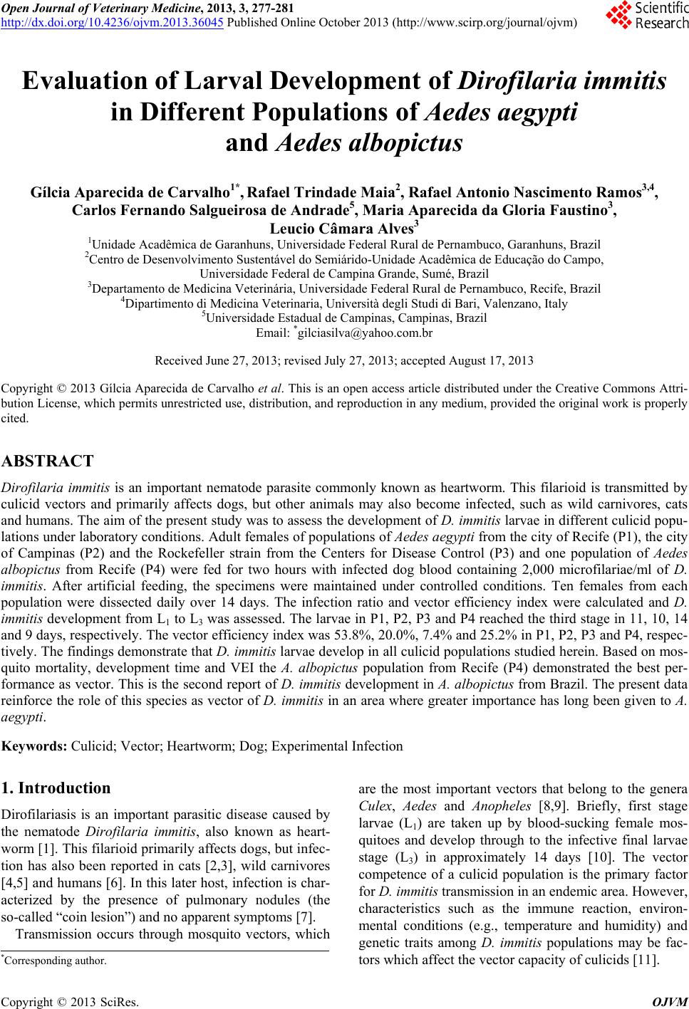 Evaluation of Larval Development of Dirofilaria immitis in Different Populations of Aedes ...