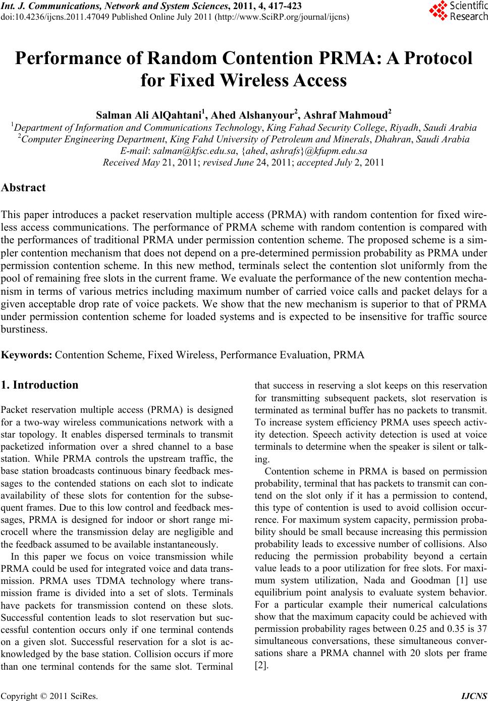 Performance of Random Contention PRMA: A Protocol for Fixed Wireless Access