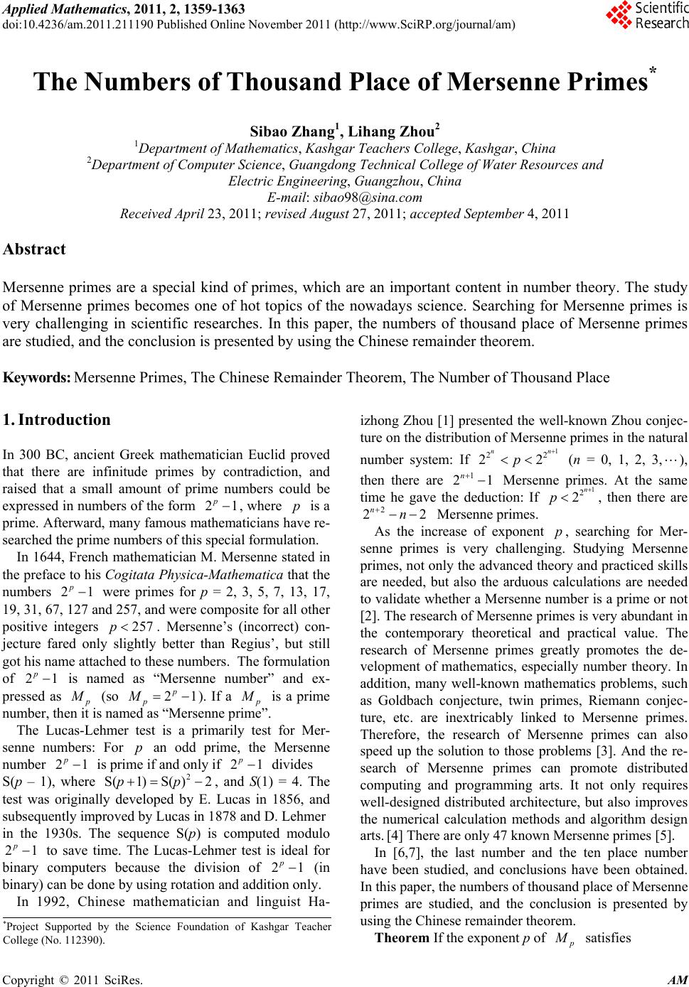 The Numbers of Thousand Place of Mersenne Primes