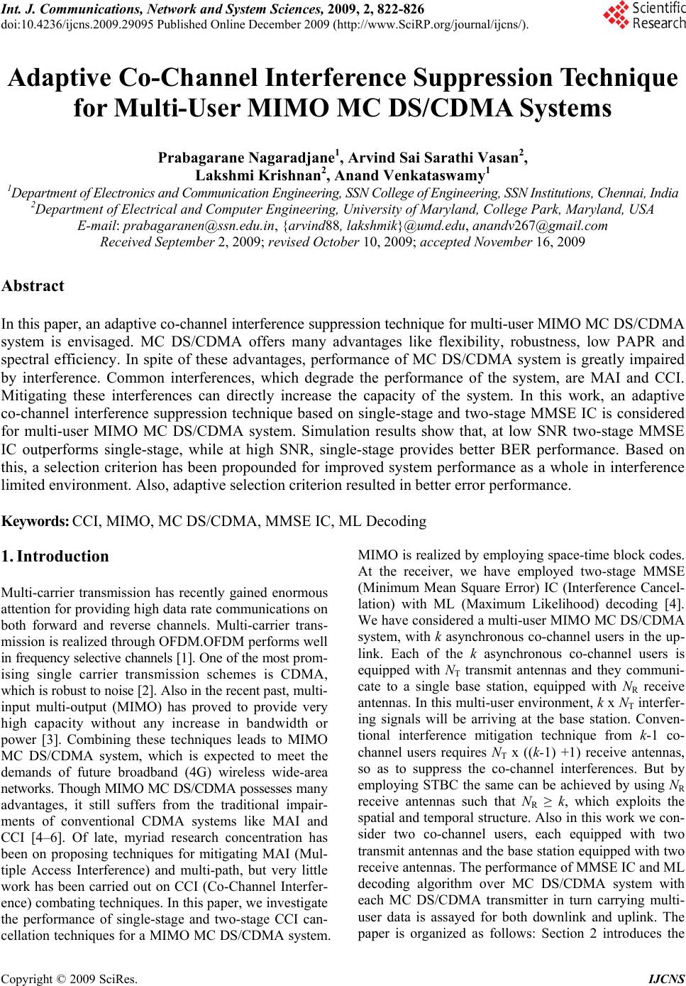Adaptive Co-Channel Interference Suppression Technique for Multi-User MIMO MC DS/CDMA Systems