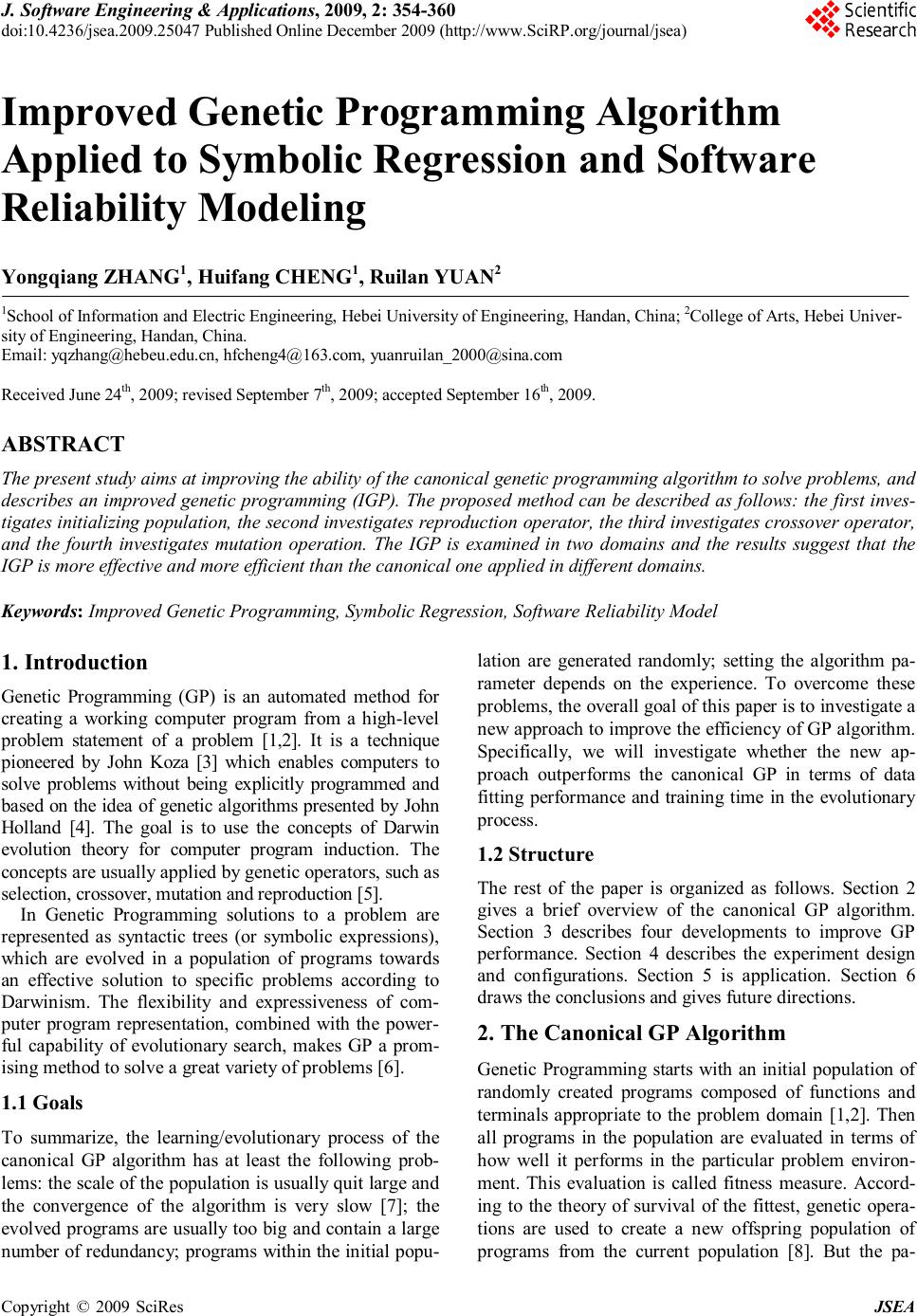 Improved Genetic Programming Algorithm Applied to Symbolic Regression and Software Reliability ...