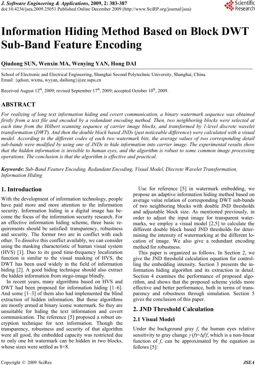 Information Hiding Method Based on Block DWT Sub-Band Feature Encoding