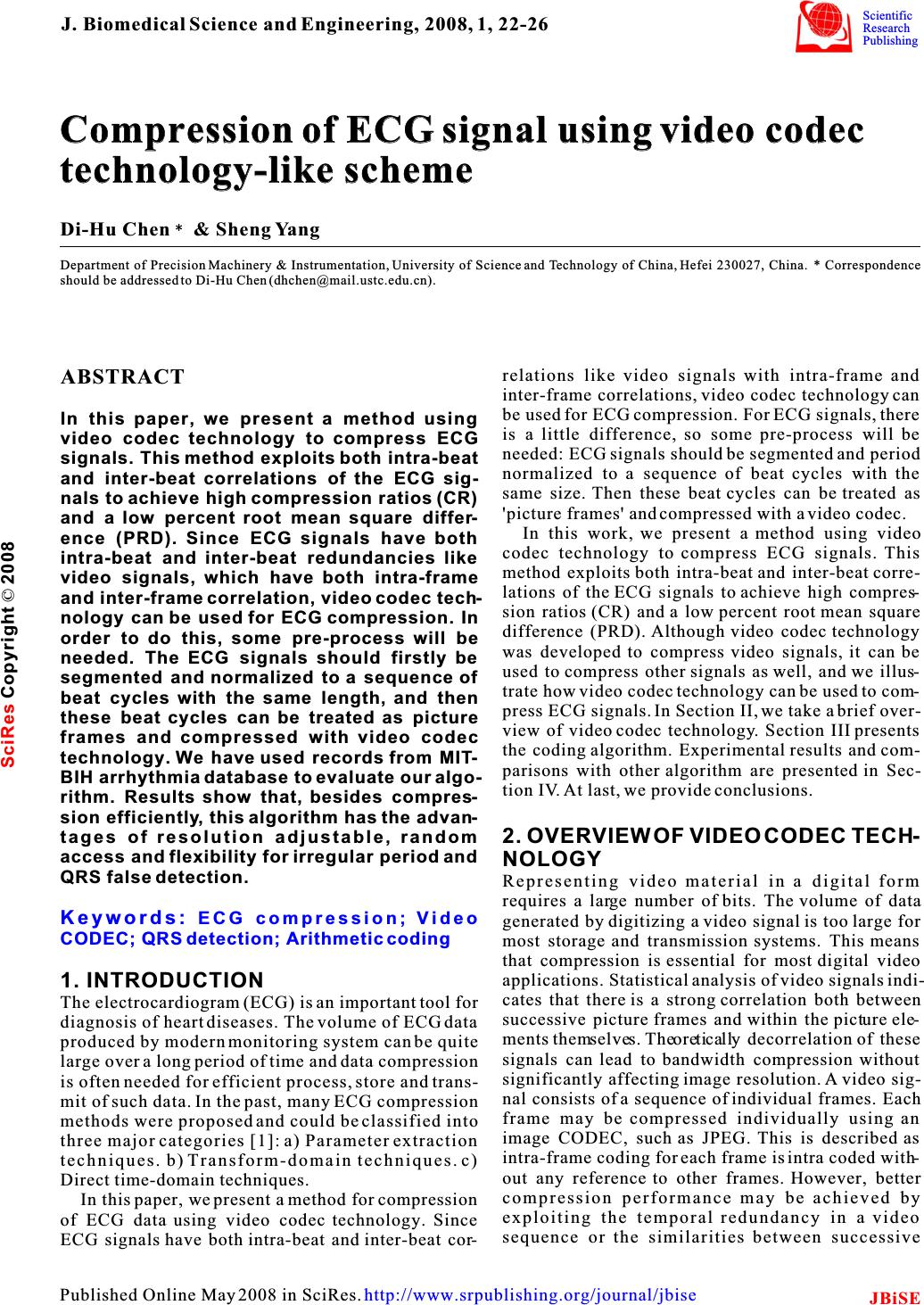 Compression of ECG signal using video codec technology-like scheme