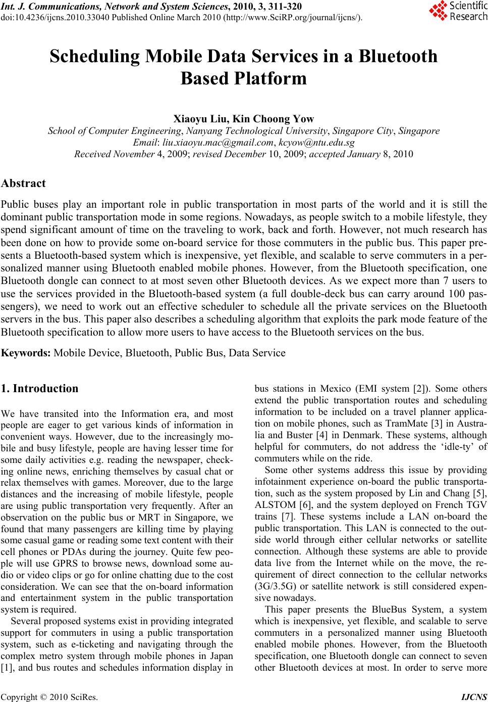 Scheduling Mobile Data Services in a Bluetooth