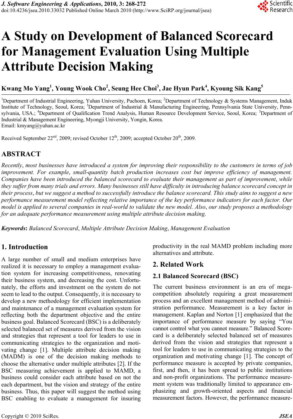 A Study on Development of Balanced Scorecard for Management Evaluation Using Multiple Attribute ...