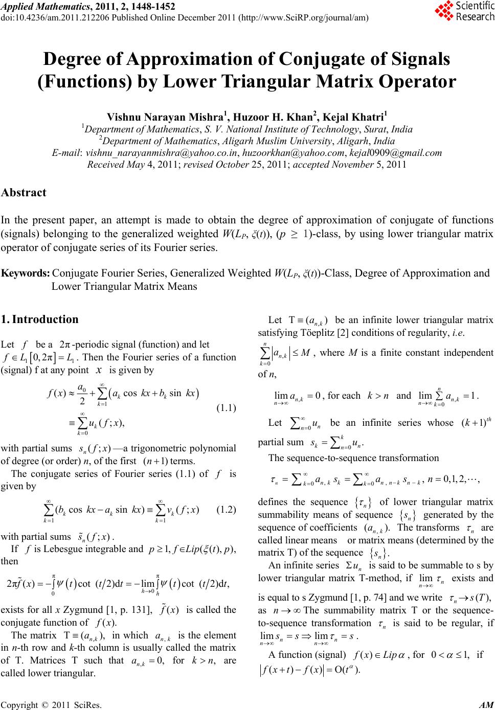 Degree of Approximation of Conjugate of Signals (Functions) by Lower Triangular Matrix Operator