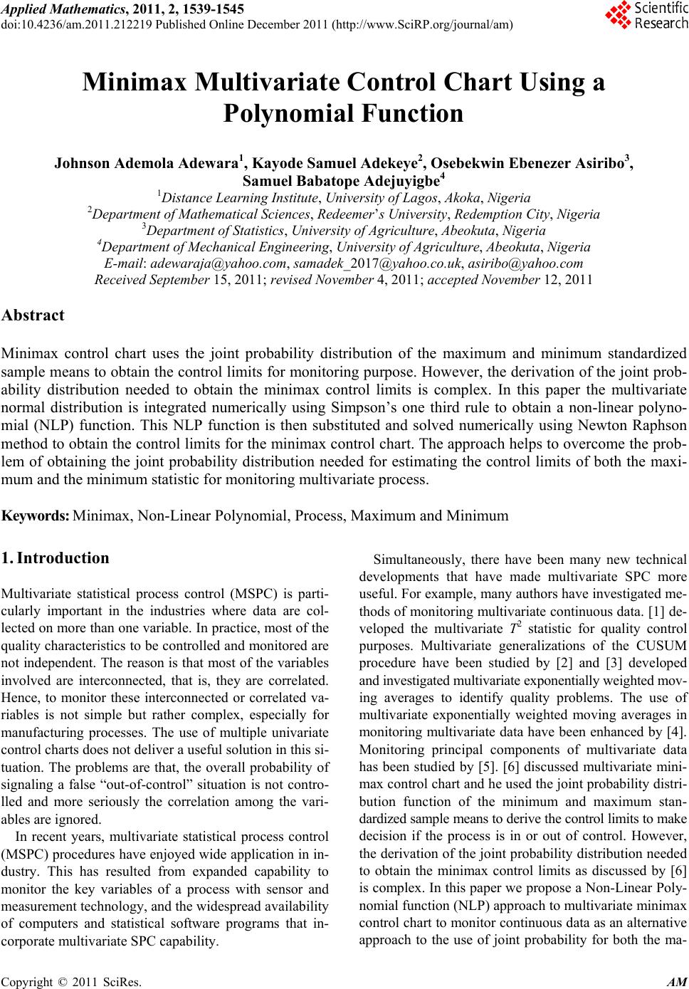 Minimax Multivariate Control Chart Using a Polynomial Function