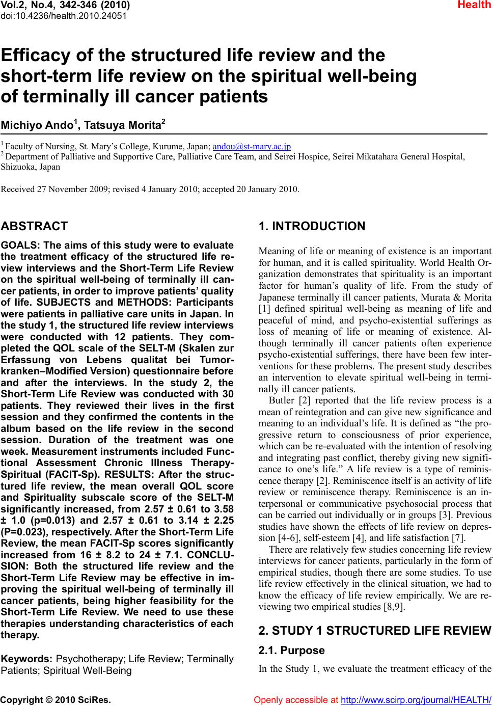 Efficacy of the structured life review and the short-term life review ...