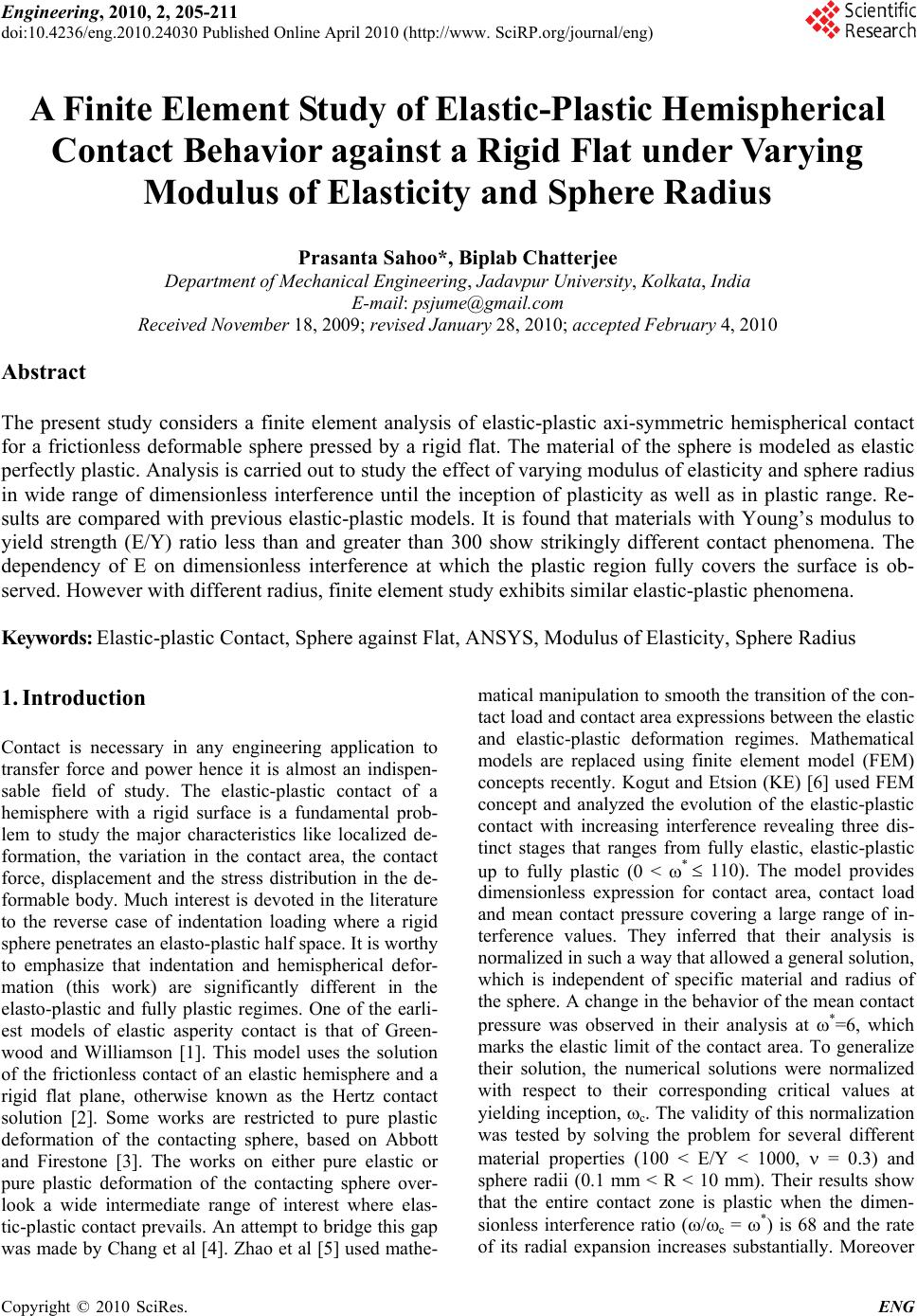 A Finite Element Study of Elastic-Plastic Hemispherical Contact ...