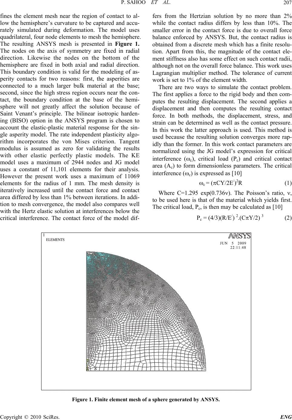 A Finite Element Study of Elastic-Plastic Hemispherical Contact Behavior against a Rigid Flat ...