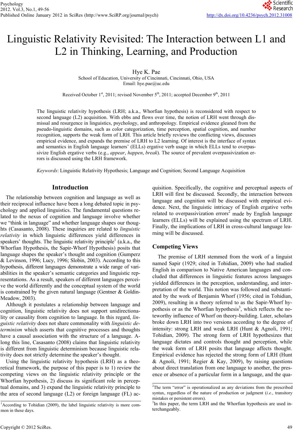 Linguistic Relativity Revisited: The Interaction between L1 and L2 in ...