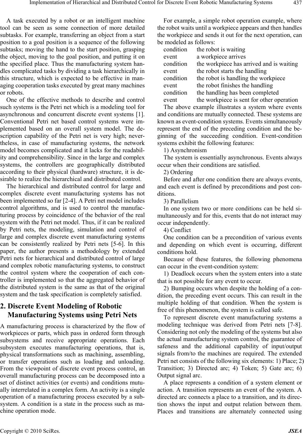 Implementation of Hierarchical and Distributed Control for Discrete Event Robotic Manufacturing ...
