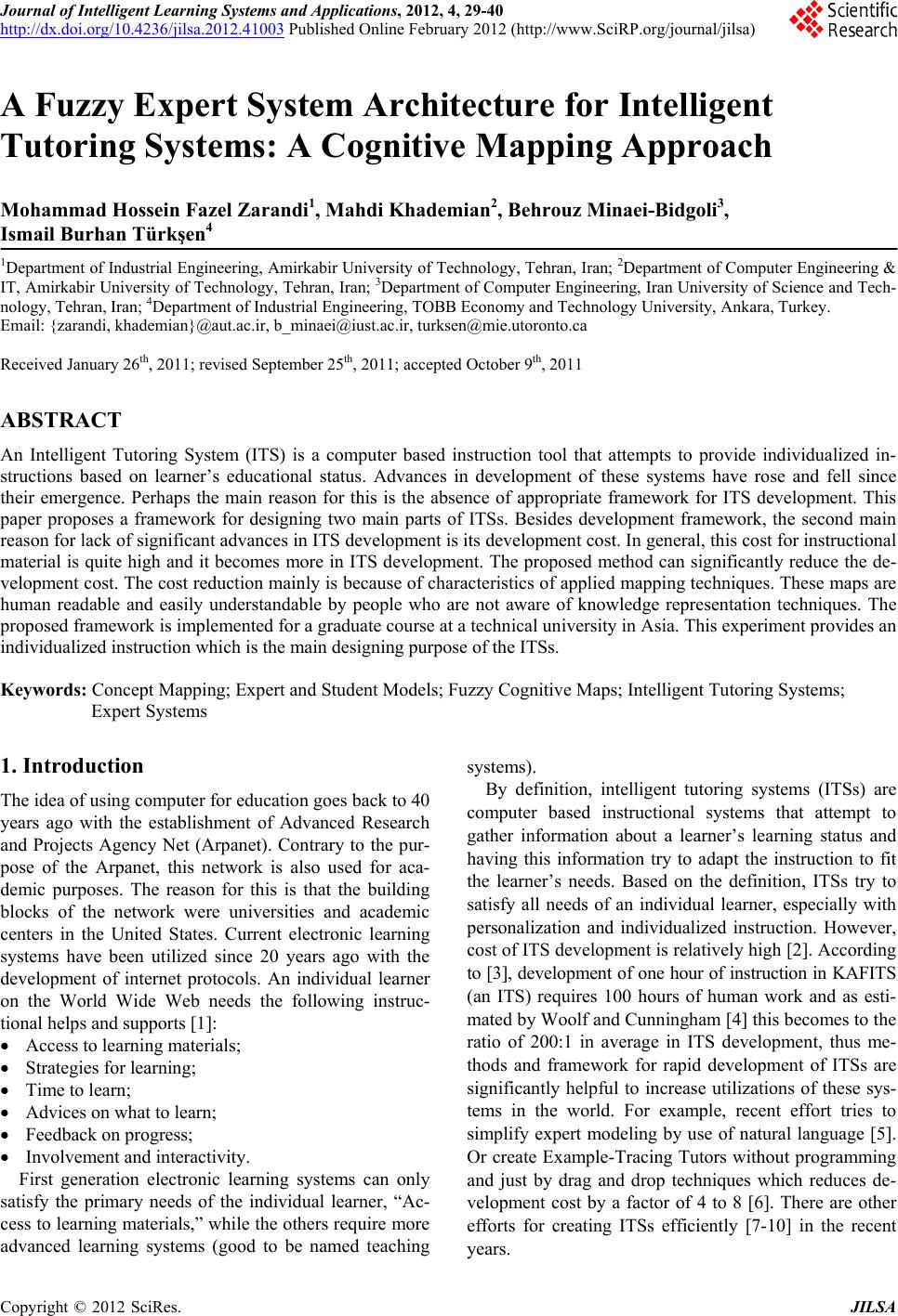 A Fuzzy Expert System Architecture for Intelligent Tutoring Systems: A ...