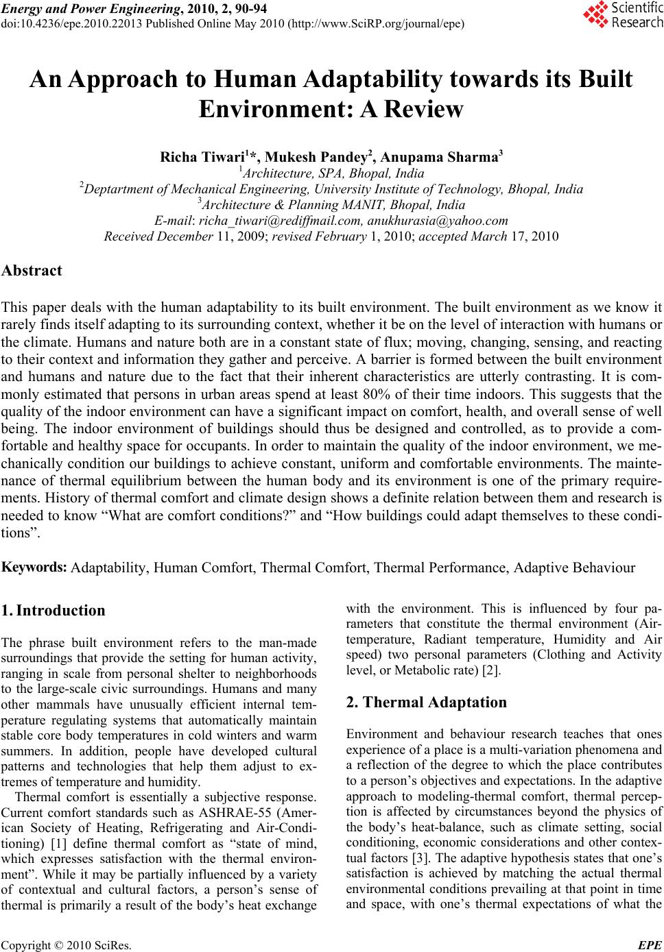 An Approach to Human Adaptability towards its Built Environment: A Review