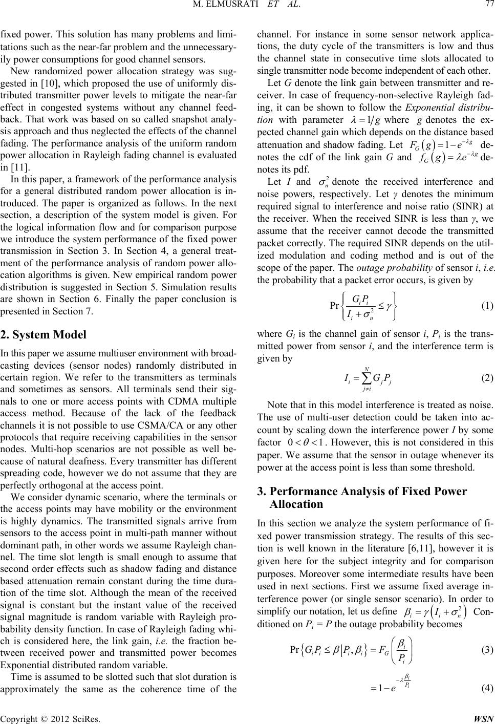Framework for Random Power Allocation of Wireless Sensor Networks in Fading Channels