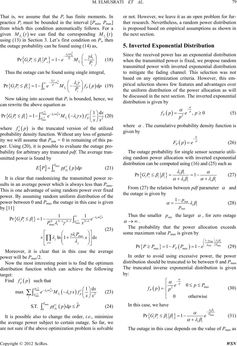 Framework for Random Power Allocation of Wireless Sensor Networks in Fading Channels
