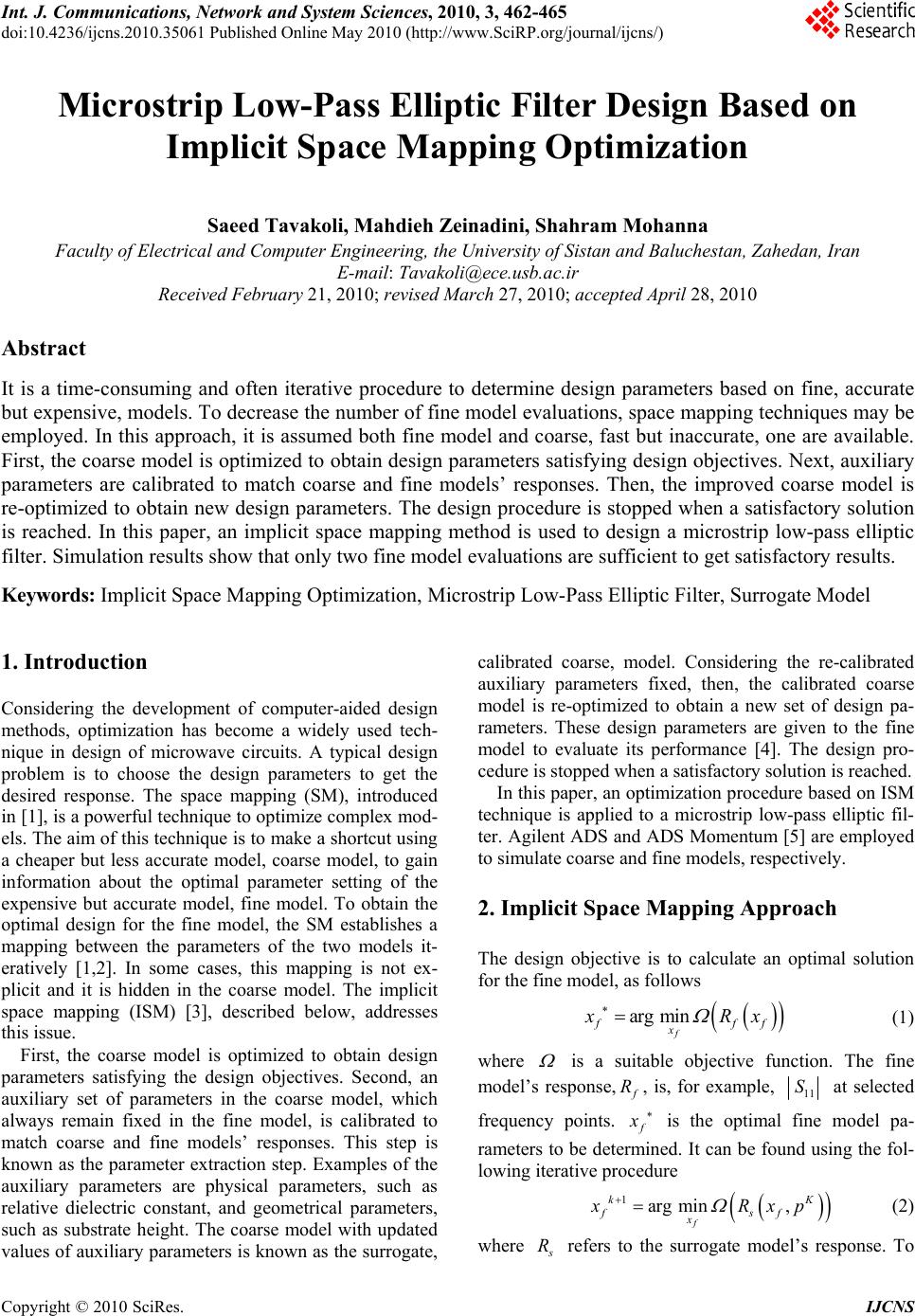 Microstrip Low Pass Elliptic Filter Design Based On Implicit Space Mapping Optimization