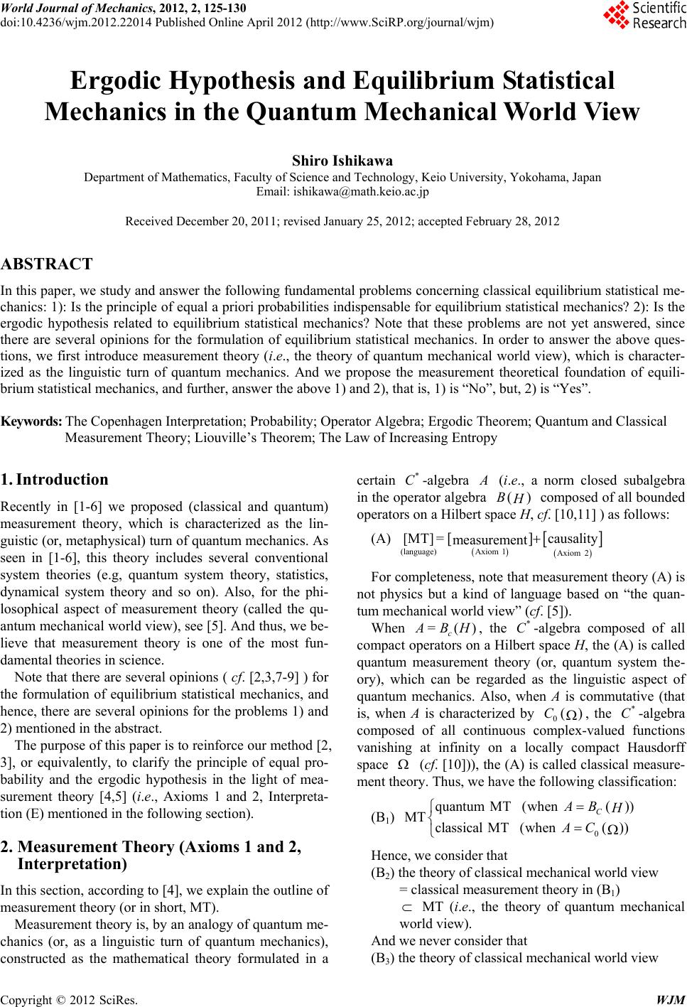 Ergodic Hypothesis and Equilibrium Statistical Mechanics in the Quantum Mechanical World View