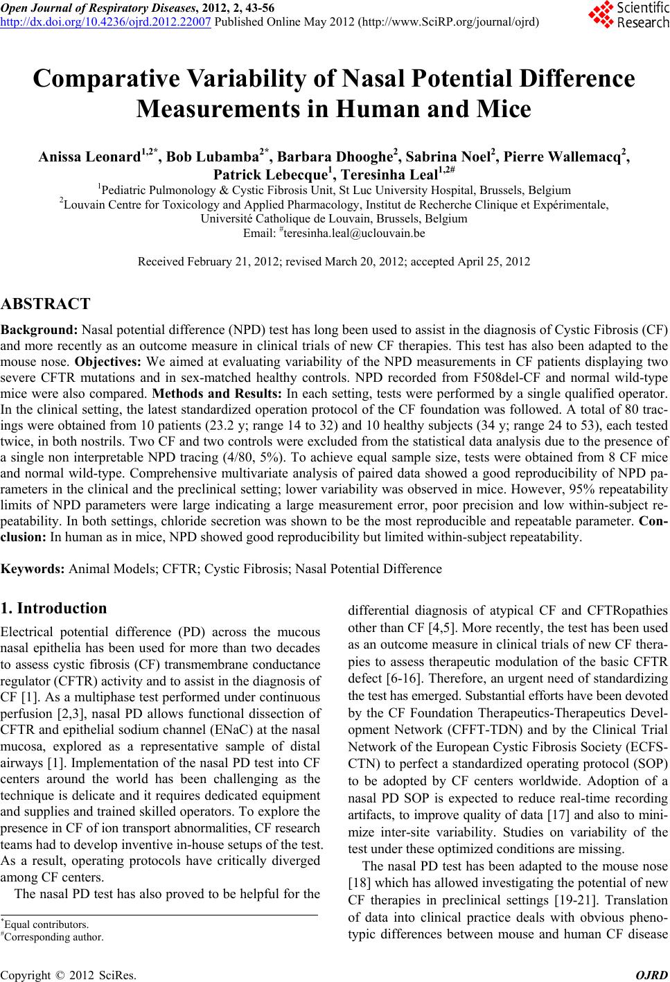 Comparative Variability of Nasal Potential Difference Measurements in ...