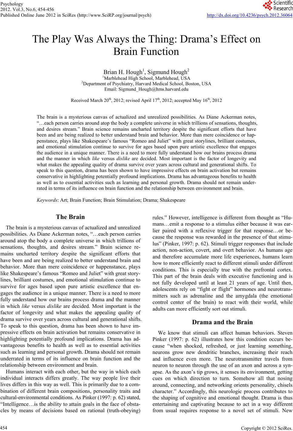 The Play Was Always the Thing: Drama’s Effect on Brain Function