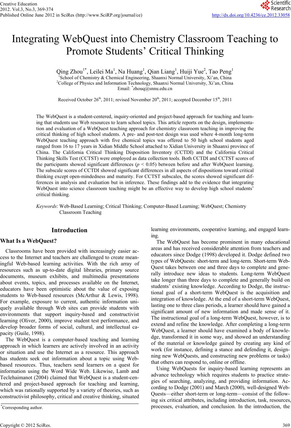 Integrating Webquest into Chemistry Classroom Teaching to Promote ...