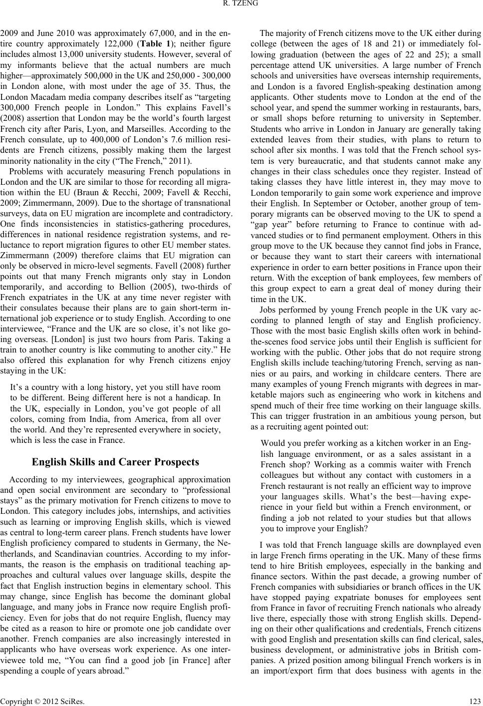 Middle Class International Migration: French Nationals Working in the UK