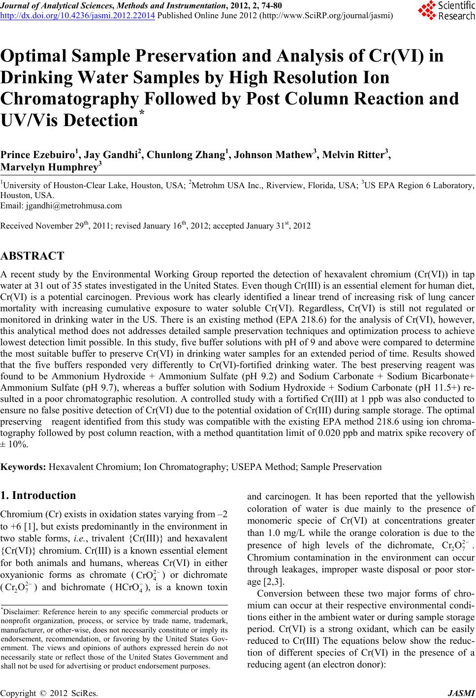 Optimal Sample Preservation and Analysis of Cr(VI) in Drinking Water ...