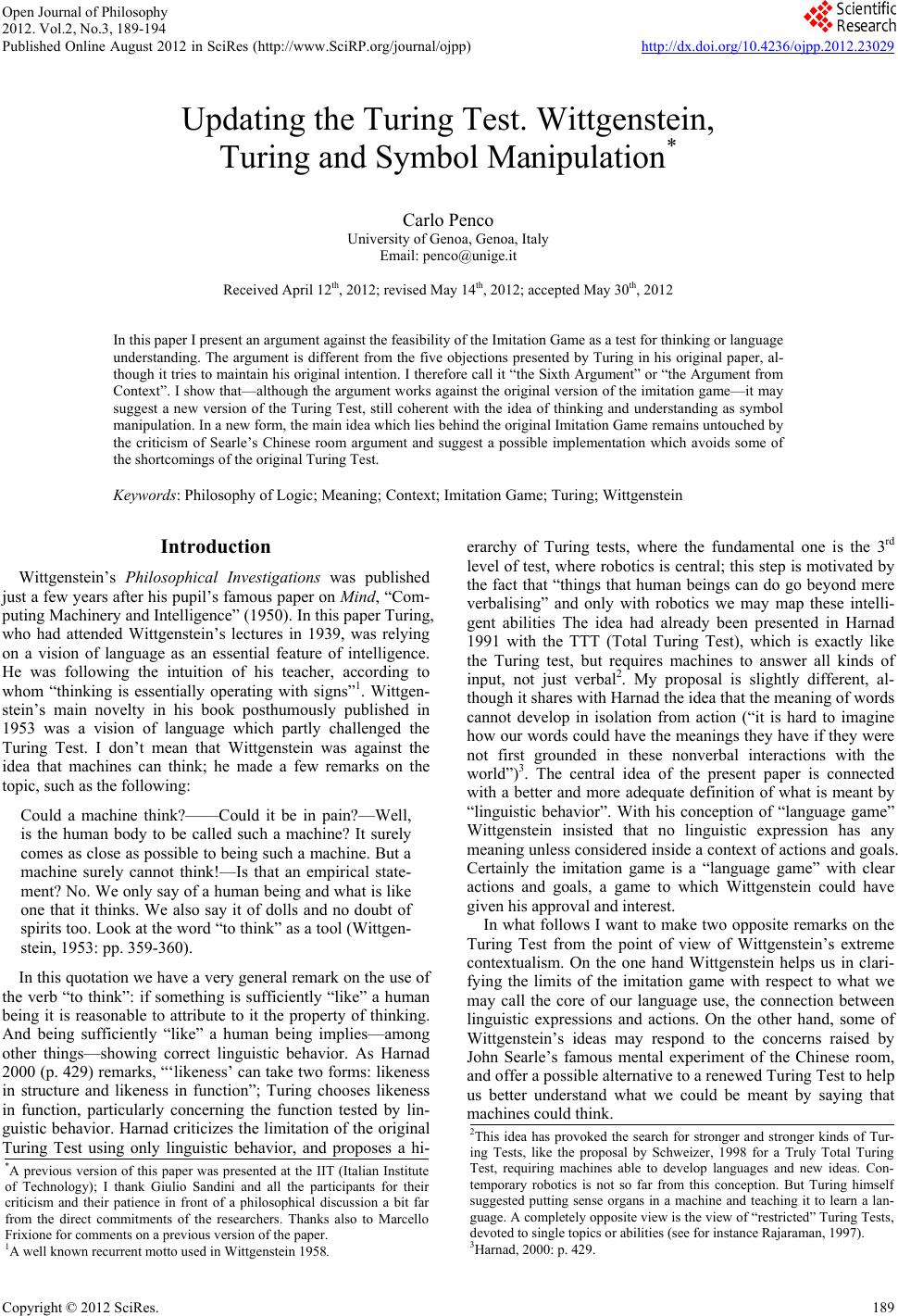 Updating the Turing Test Wittgenstein, Turing and Symbol Manipulation