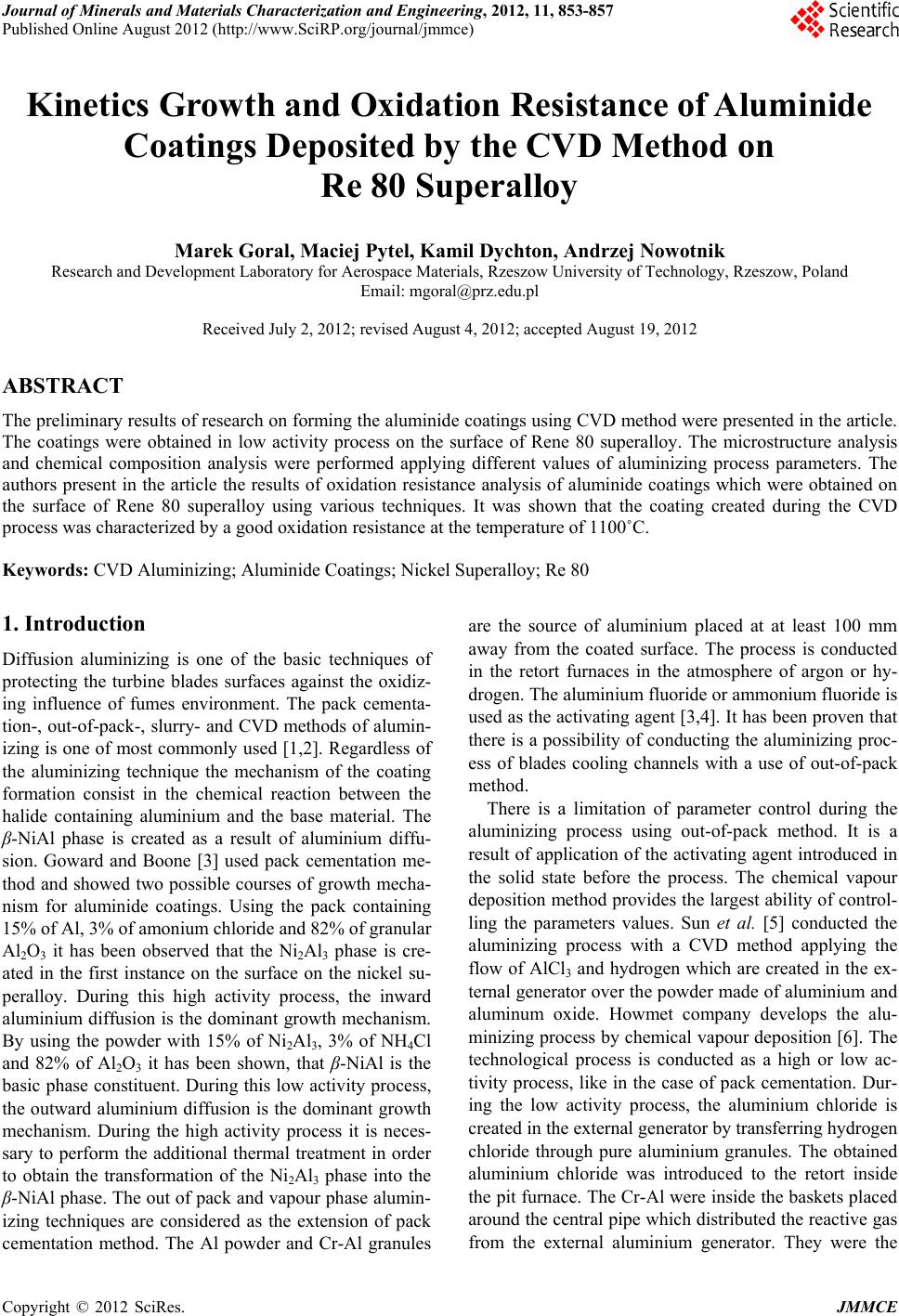 Kinetics Growth and Oxidation Resistance of Aluminide Coatings ...