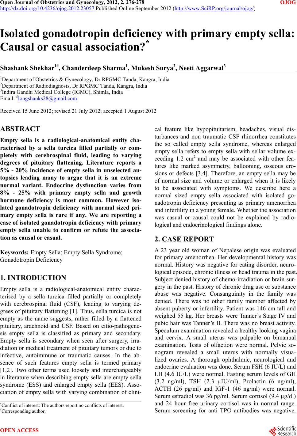 Isolated gonadotropin deficiency with primary empty sella: Causal or ...