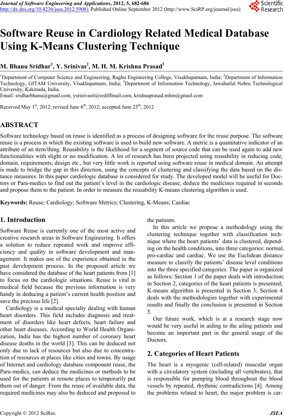Software Reuse in Cardiology Related Medical Database Using K-Means Clustering Technique