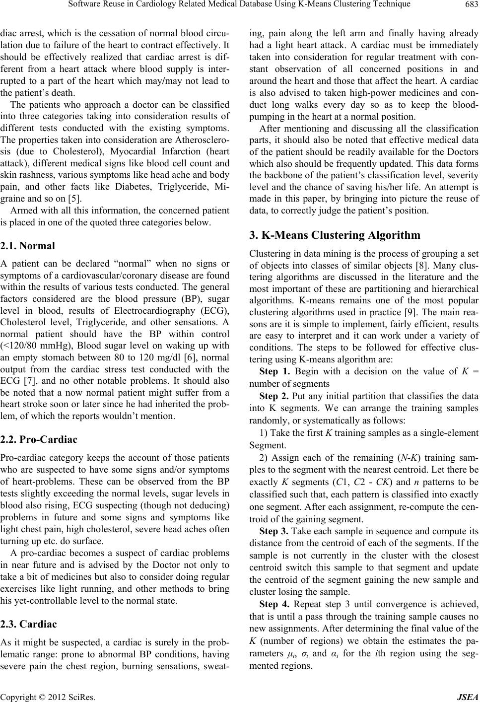 Software Reuse in Cardiology Related Medical Database Using K-Means Clustering Technique