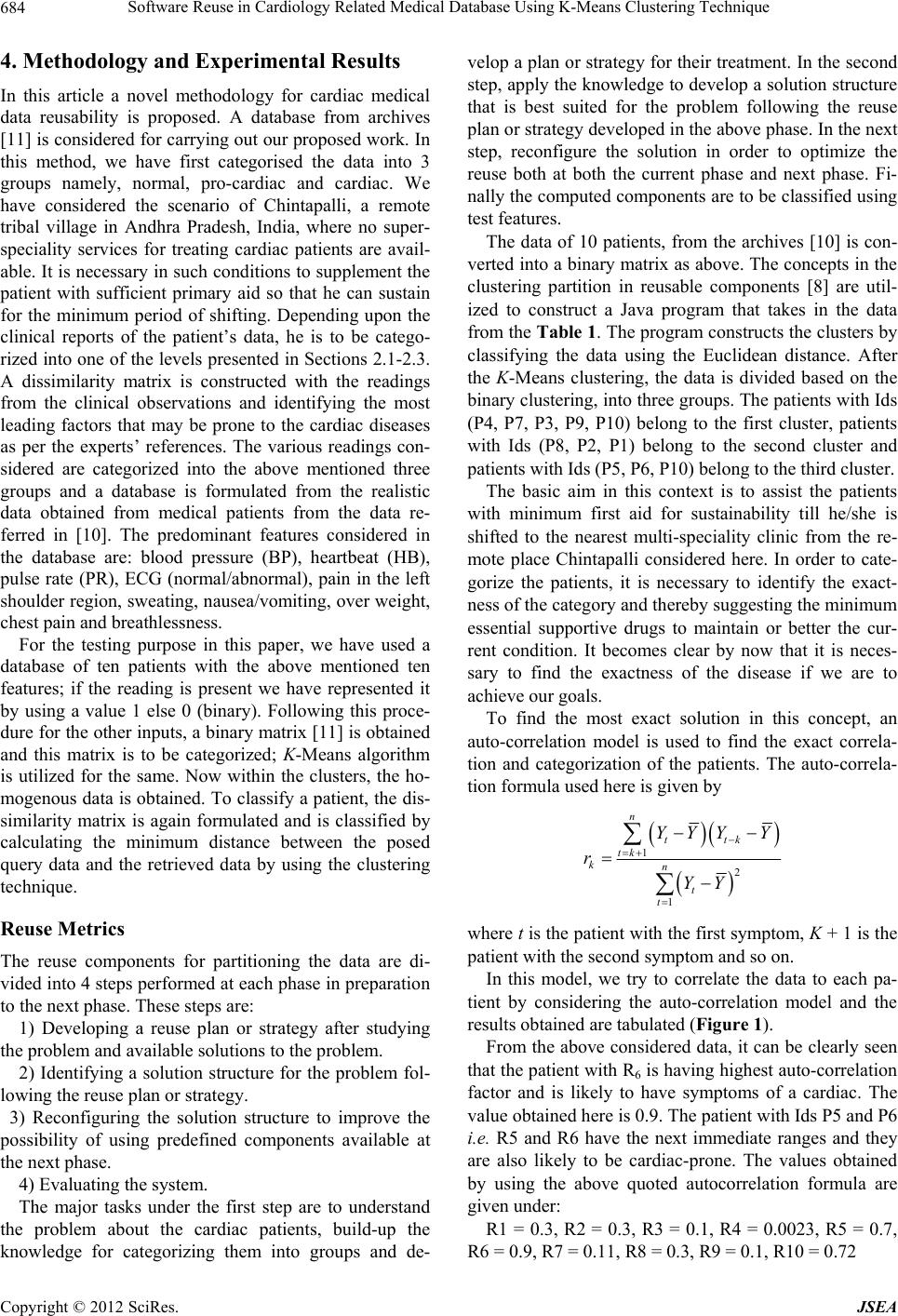 Software Reuse in Cardiology Related Medical Database Using K-Means Clustering Technique
