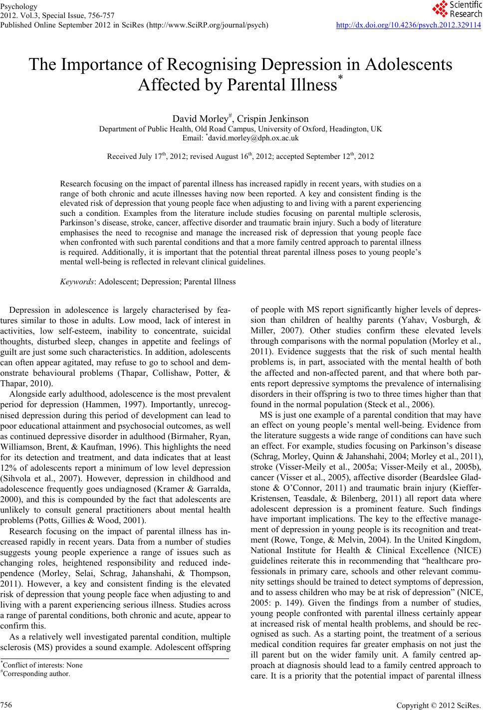 The Importance of Recognising Depression in Adolescents Affected by ...