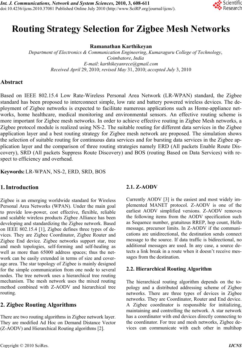 Routing Strategy Selection for Zigbee Mesh Networks