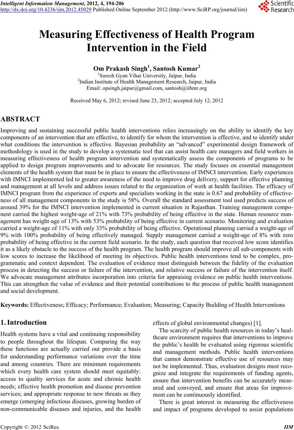 Measuring Effectiveness of Health Program Intervention in the Field