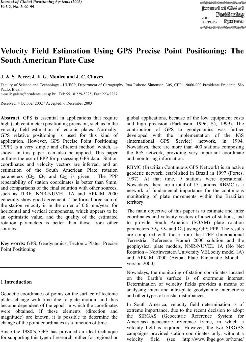Velocity Field Estimation Using GPS Precise Point Positioning: The ...