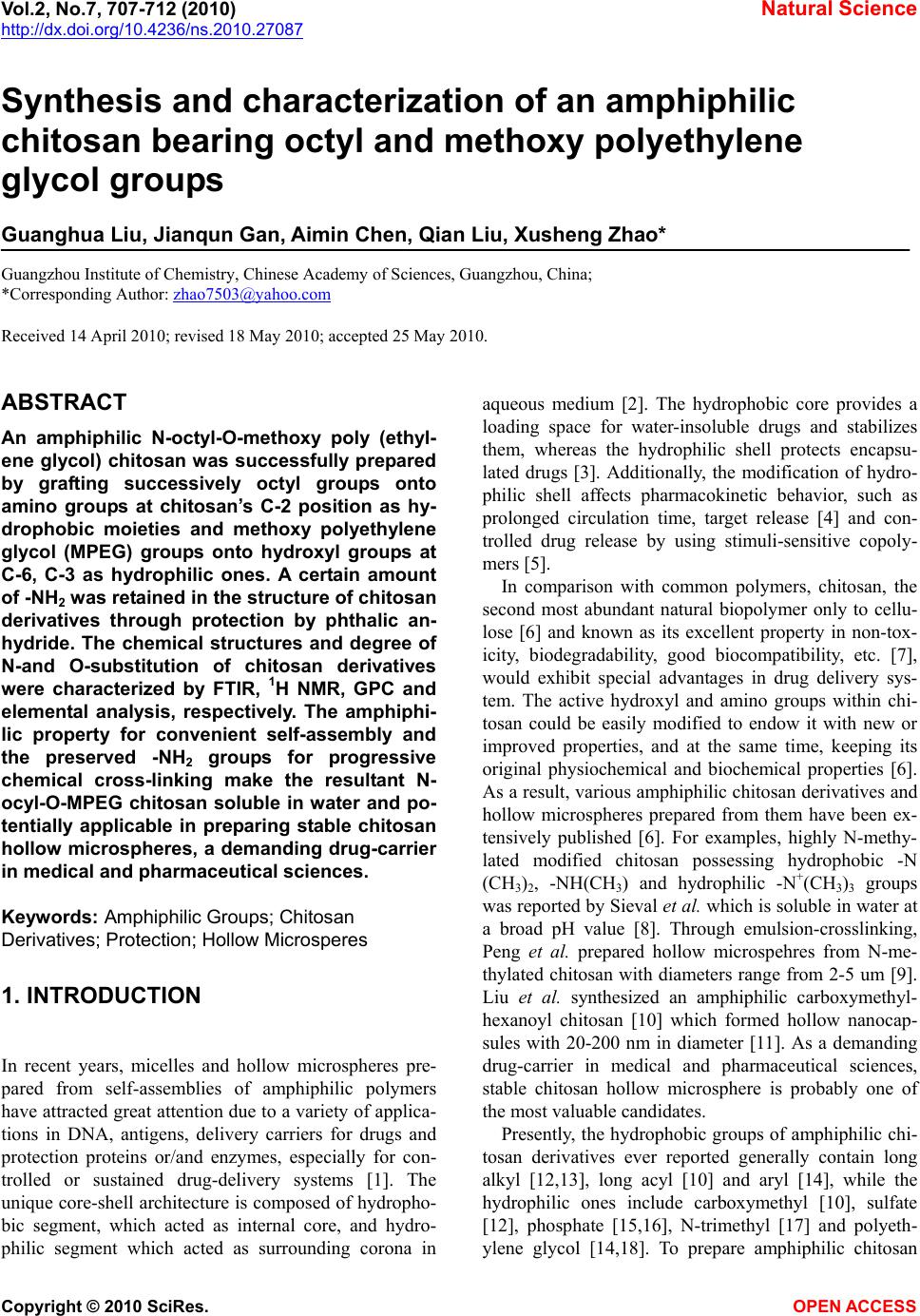 Synthesis and characterization of an amphiphilic chitosan bearing octyl and methoxy polyethylene