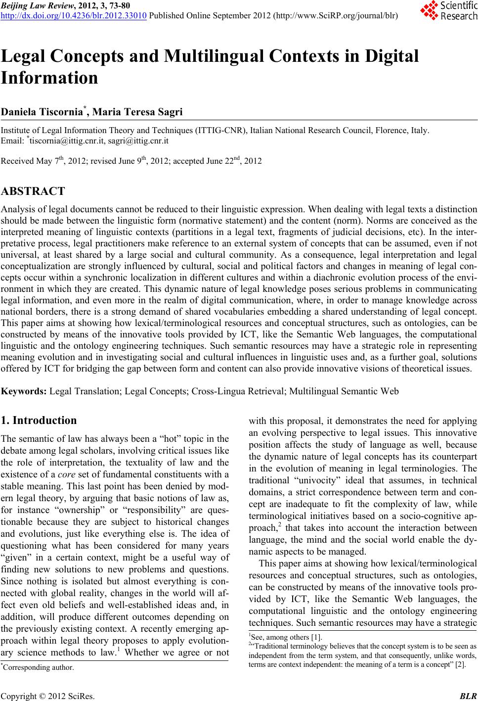 Legal Concepts and Multilingual Contexts in Digital Information