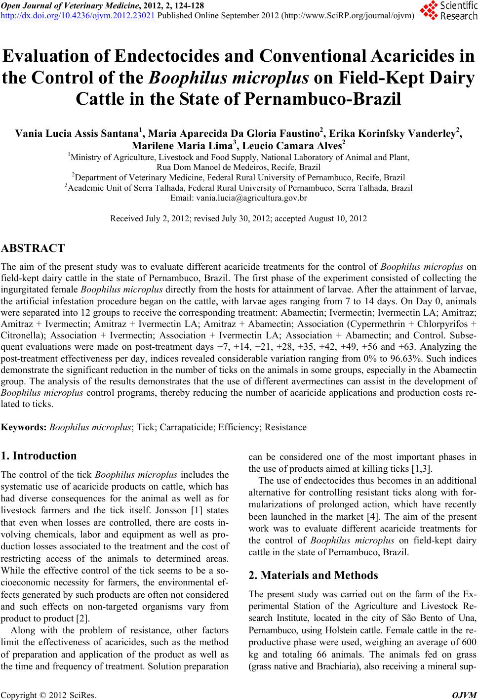 Evaluation of Endectocides and Conventional Acaricides in the Control ...
