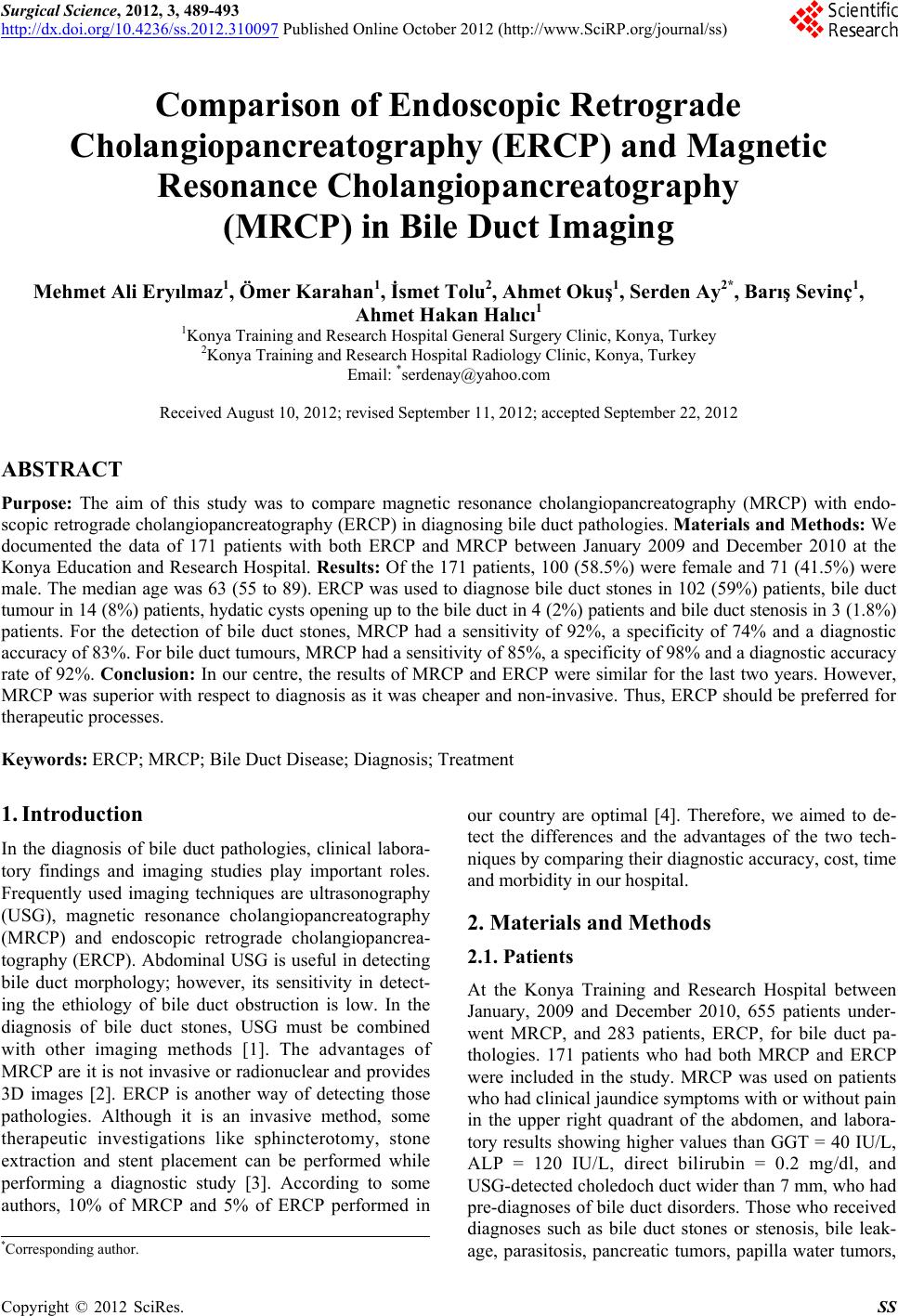 Comparison of Endoscopic Retrograde Cholangiopancreatography (ERCP) and ...