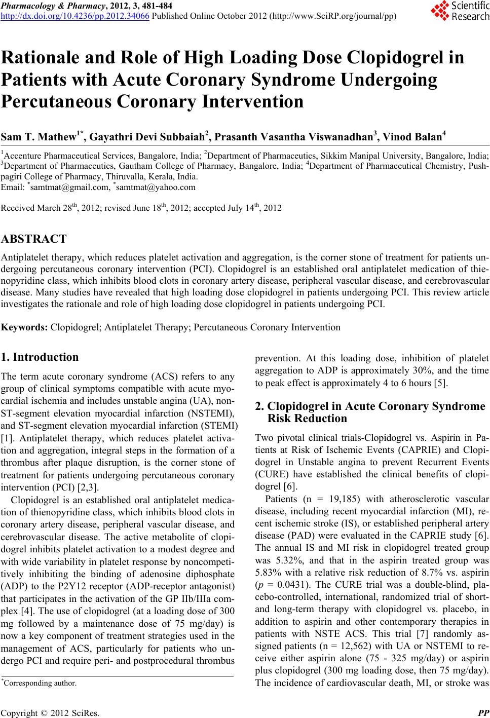 Rationale and Role of High Loading Dose Clopidogrel in Patients with ...