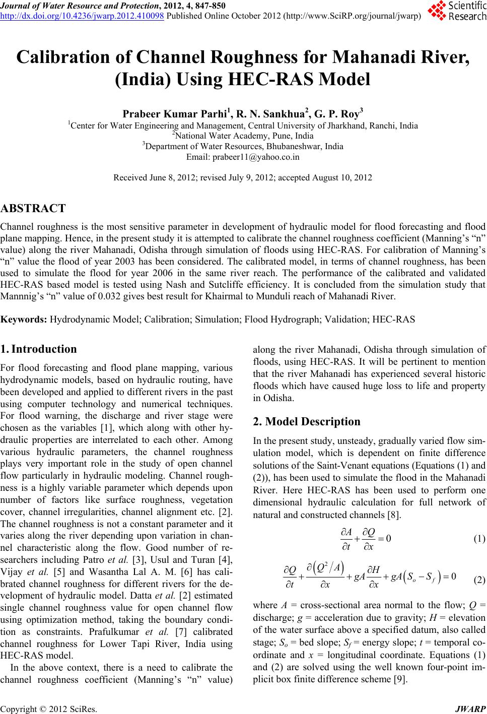 Calibration of Channel Roughness for Mahanadi River, (India) Using HEC ...