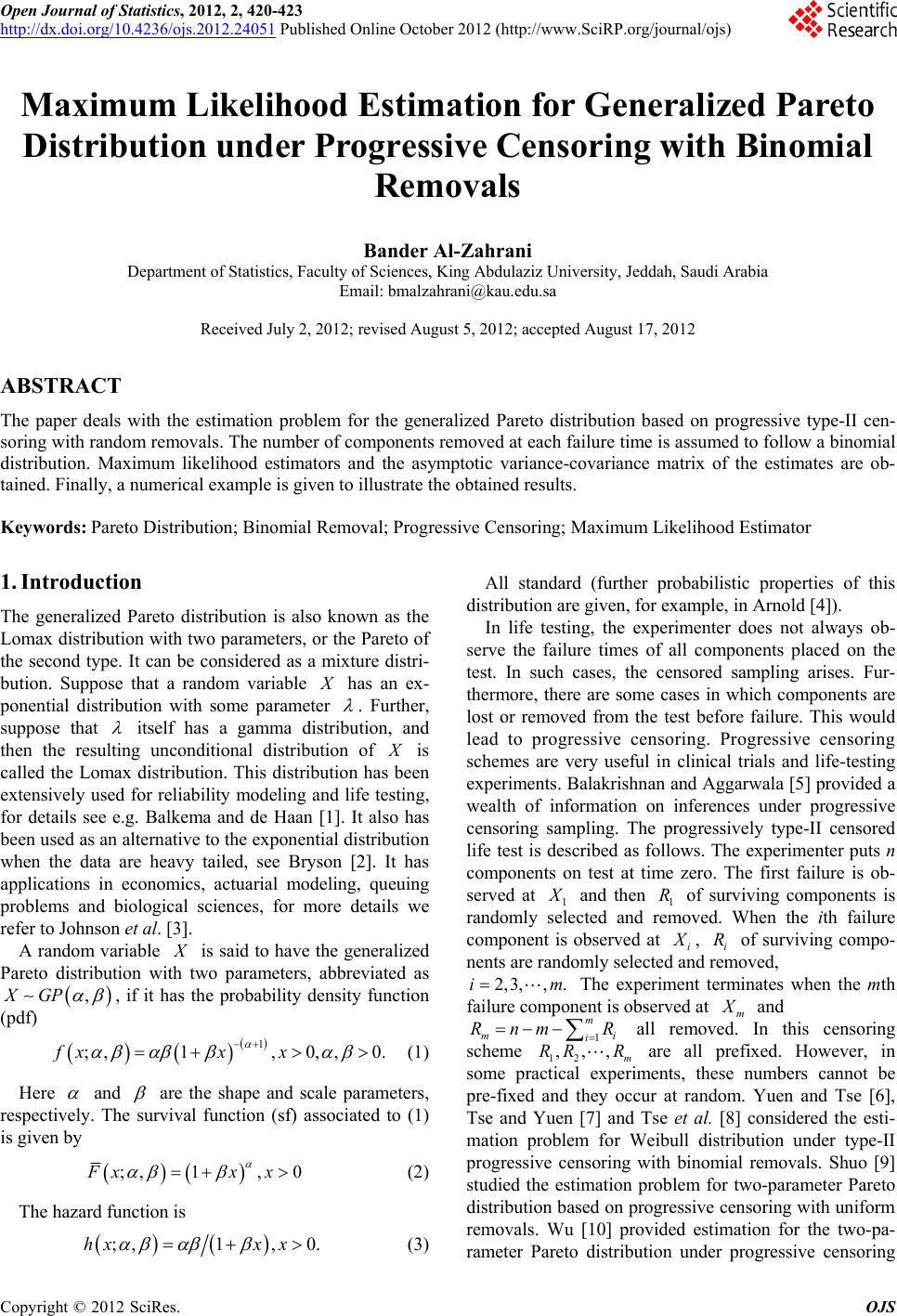 Maximum Likelihood Estimation For Generalized Pareto Distribution Under maximum-likelihood-estimation-for-generalized-pareto-distribution-under