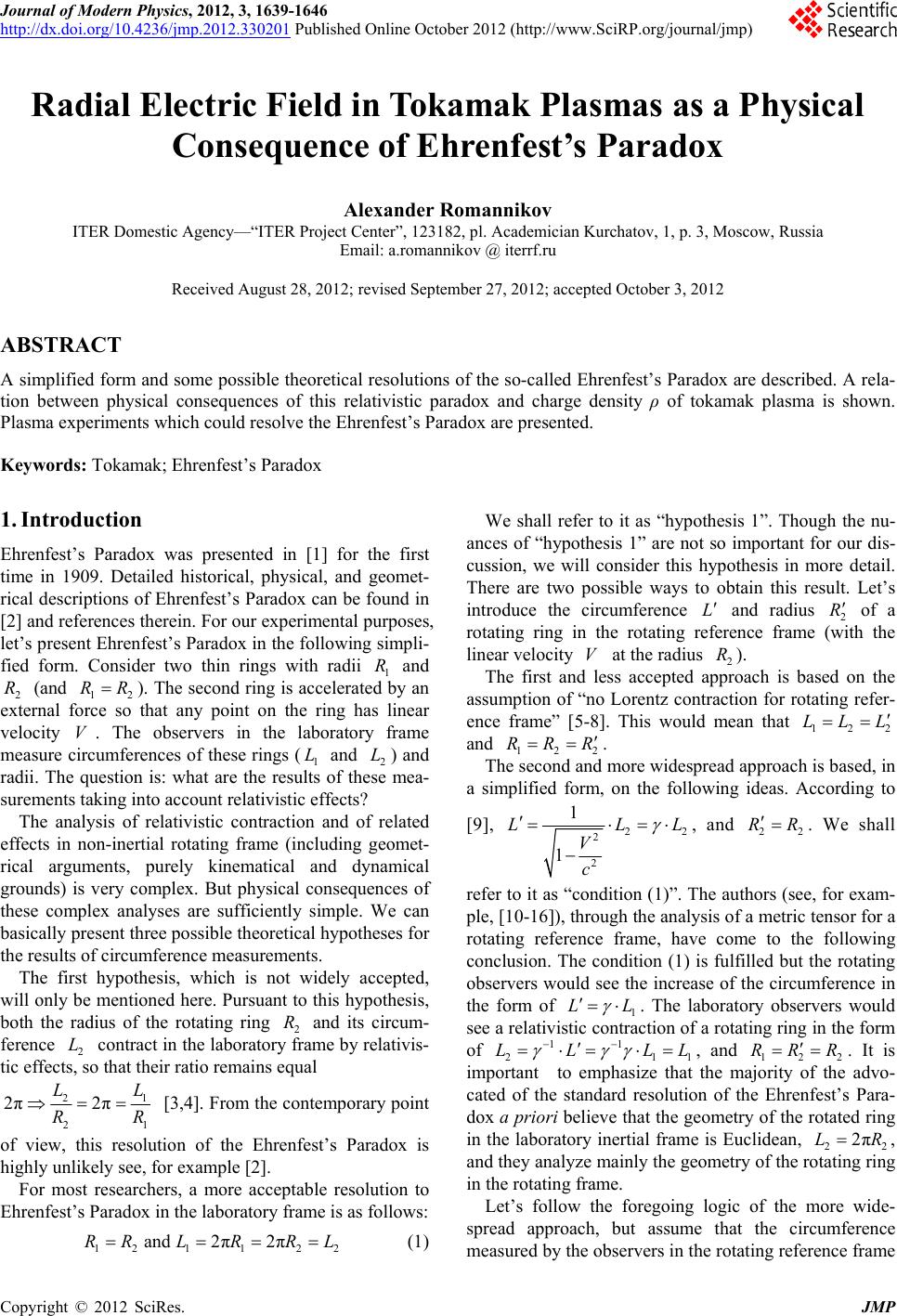Radial Electric Field in Tokamak Plasmas as a Physical Consequence of ...