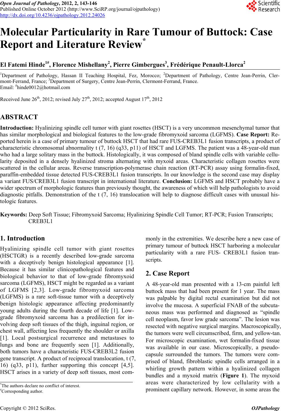 Molecular Particularity in Rare Tumour of Buttock: Case Report and ...