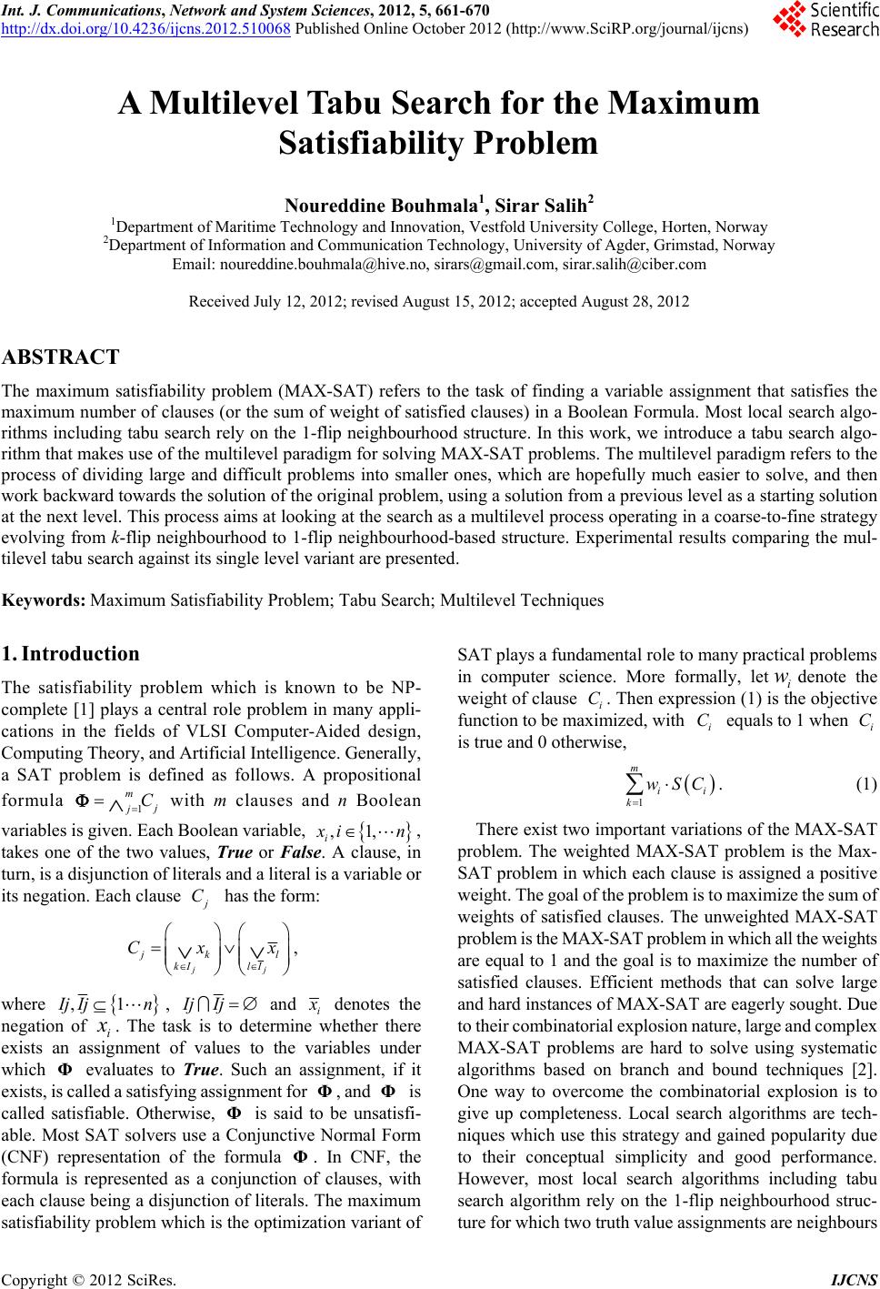 A Multilevel Tabu Search for the Maximum Satisfiability Problem