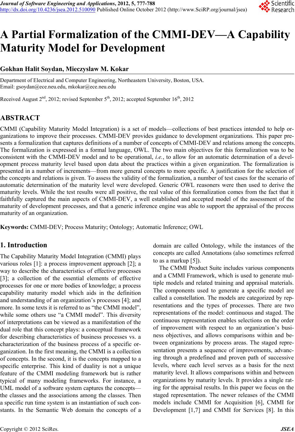 A Partial Formalization of the CMMI-DEV—A Capability Maturity Model for ...