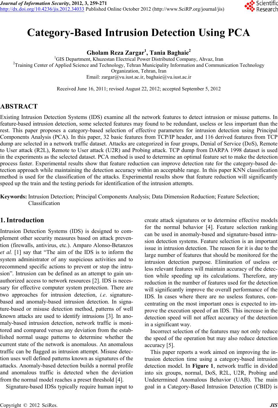 Category-Based Intrusion Detection Using PCA