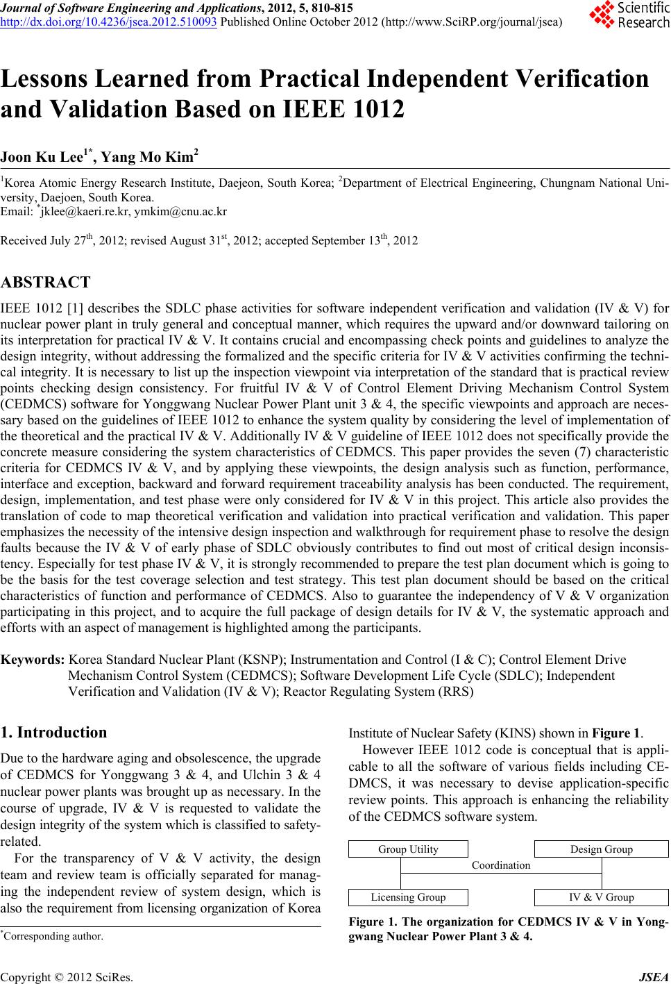 Lessons Learned from Practical Independent Verification and Validation Based on IEEE 1012